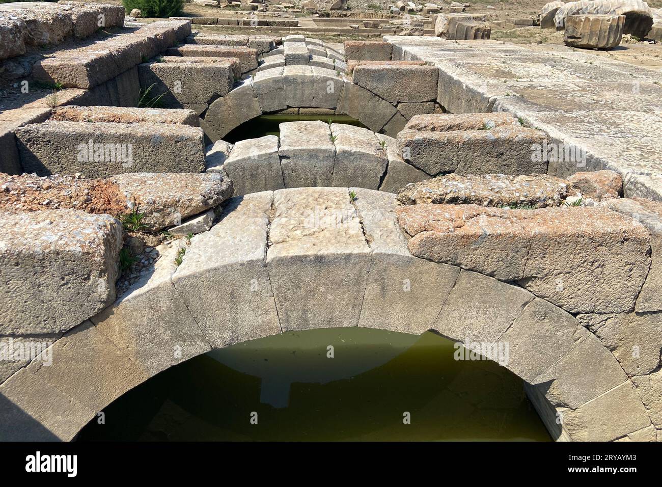Ceiling ruins of ancient stone temple of Apollon in Klaros ancient city ...