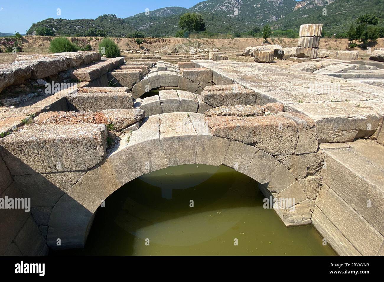 Ceiling ruins of ancient stone temple of Apollon in Klaros ancient city ...