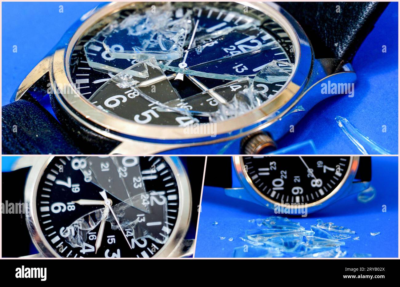 Watch with screen glass cracked on blue background Stock Photo - Alamy