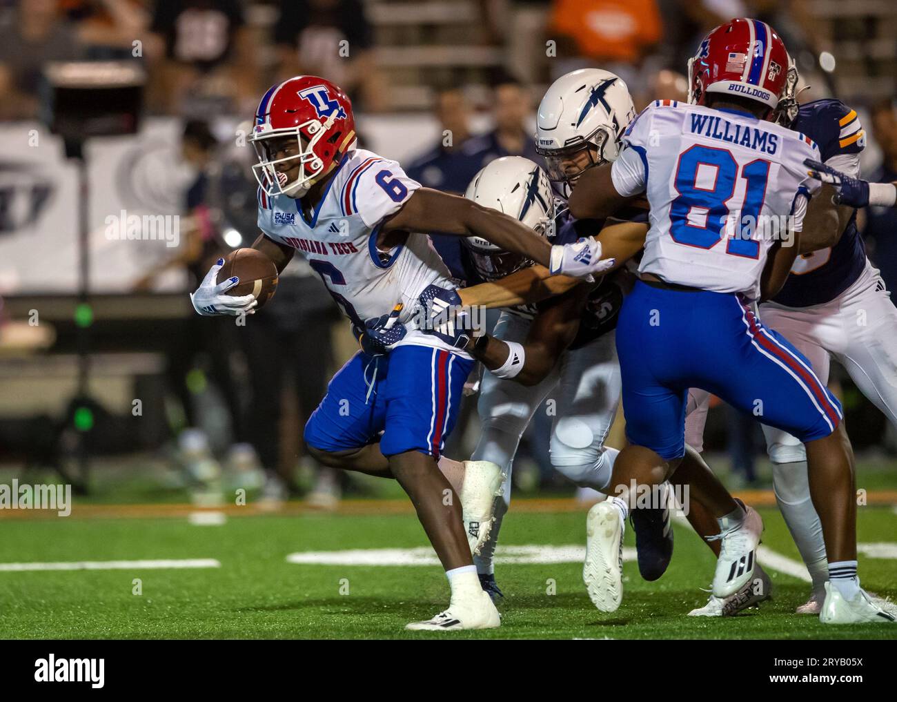 Louisiana Tech wide receiver Smoke Harris (6) is slowed by UTEP ...