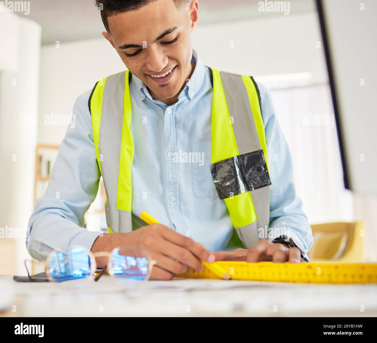 Engineering, man and blueprint paper for planning office building ...