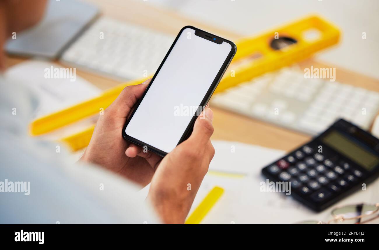 Engineer, closeup and man with a smartphone, mockup and typing with ...