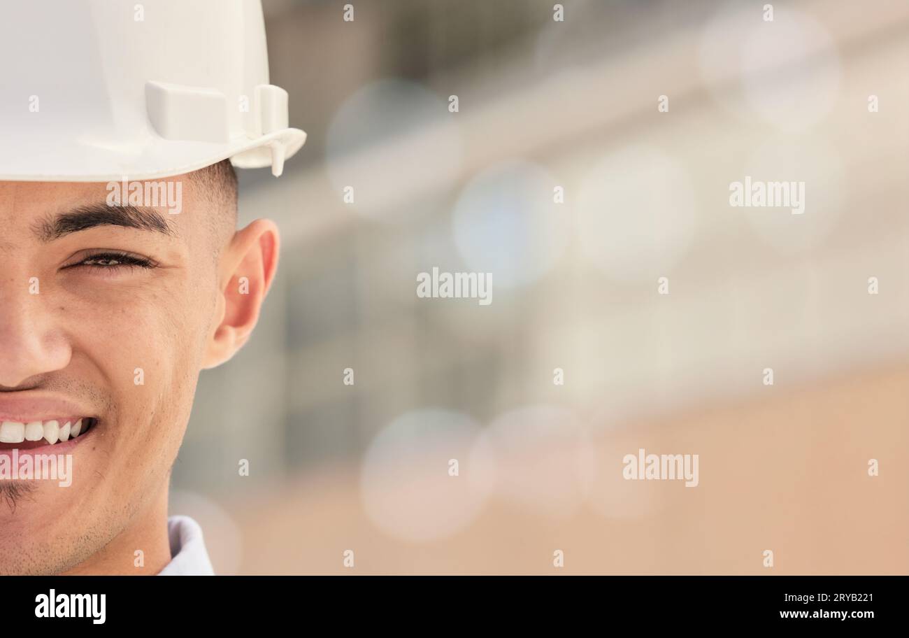 Happy, man and half of construction worker face with inspection of ...