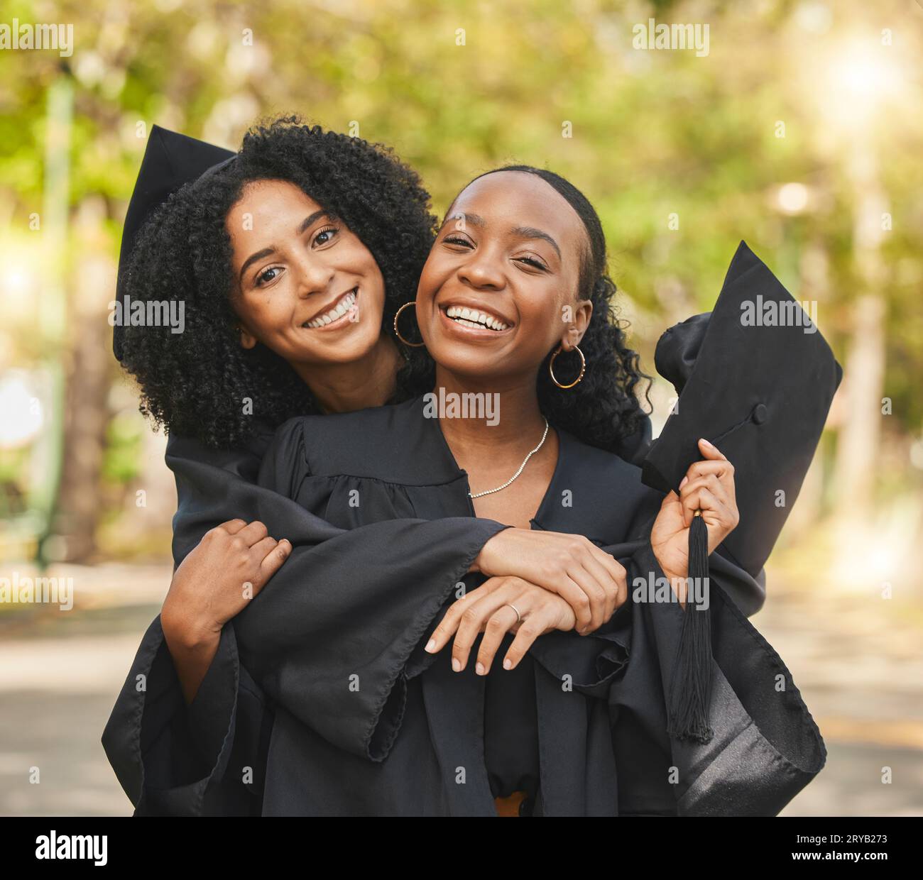 Graduate portrait, hug and friends happy for learning success ...