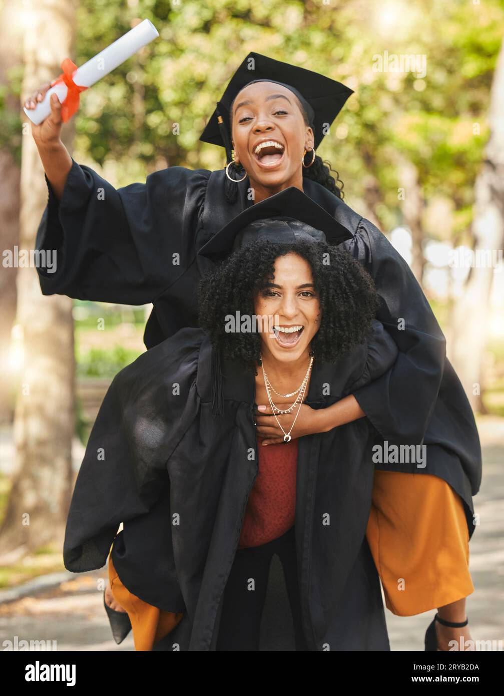 Graduation, women or friends and excited for celebration outdoor in ...