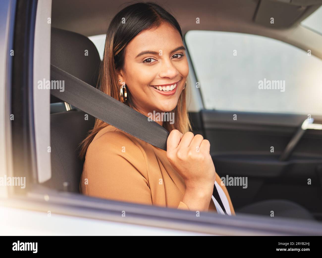 Happy woman, car and portrait with seatbelt check for road trip, travel ...