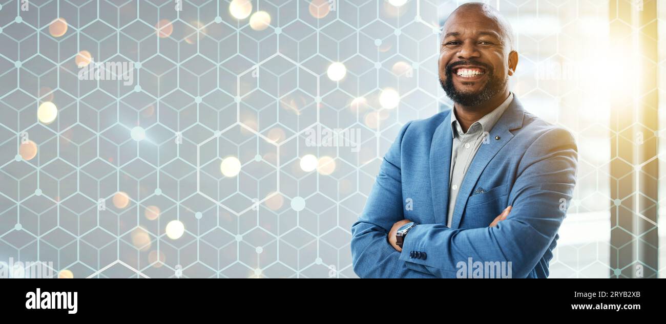 Portrait, business and black man with a banner, arms crossed and startup with lens flare, career ...