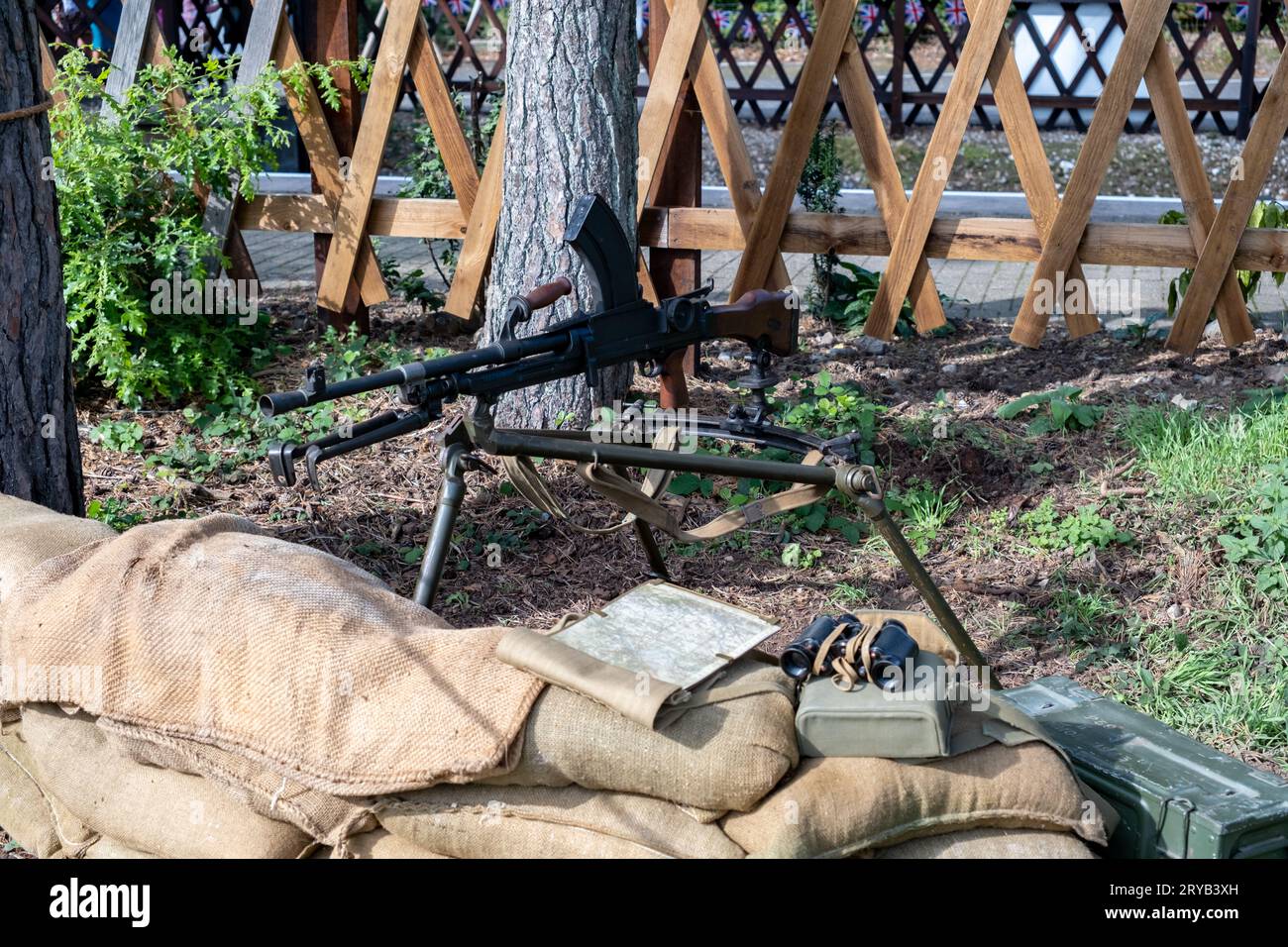 Holt, Norfolk, UK – September 16 2023. Close up of a WW2 Bren machine ...