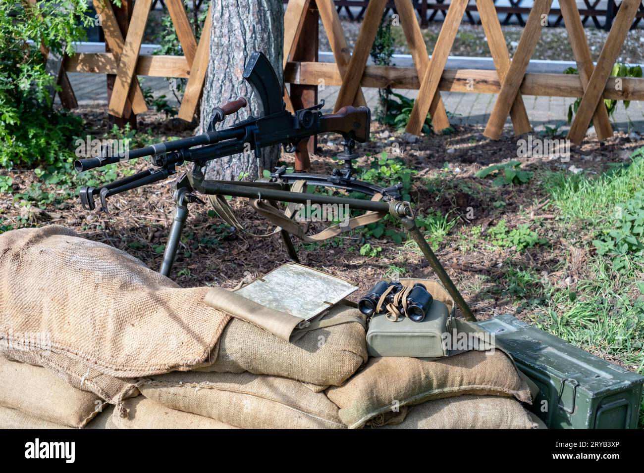 Holt, Norfolk, UK – September 16 2023. Close up of a WW2 Bren machine ...