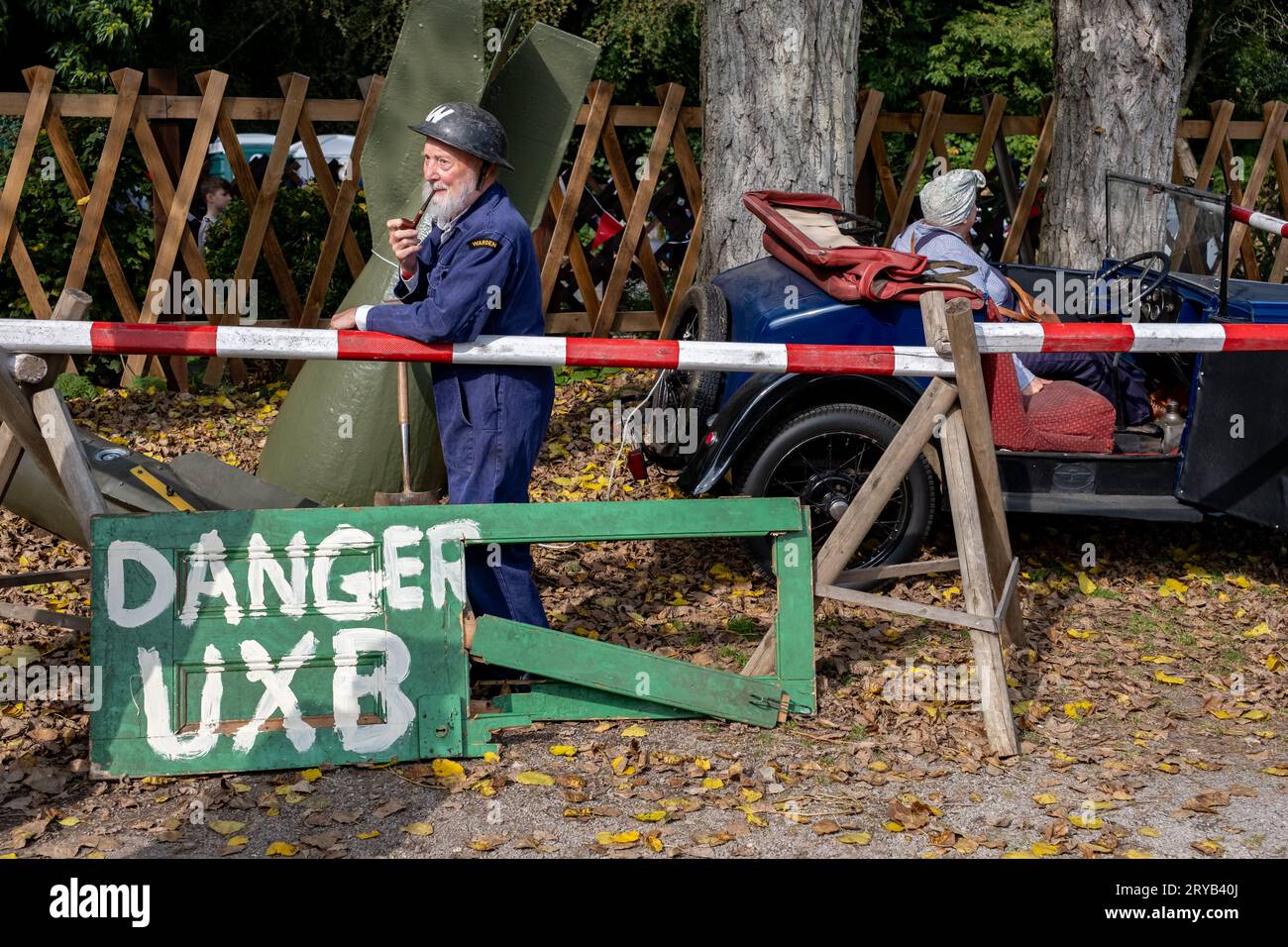 Holt, Norfolk, UK – September 16 2023. Man dressed up as a WW2 safety ...