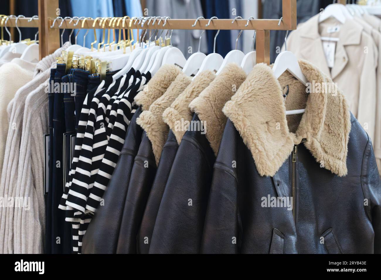 Men's fur leather jackets and other clothing in the clothing store ...