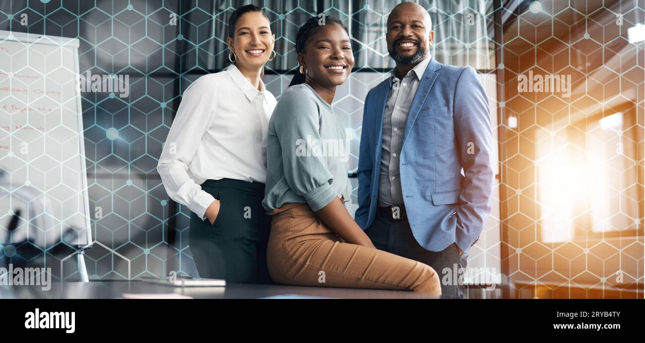 Portrait, business people and group with teamwork, overlay and ...