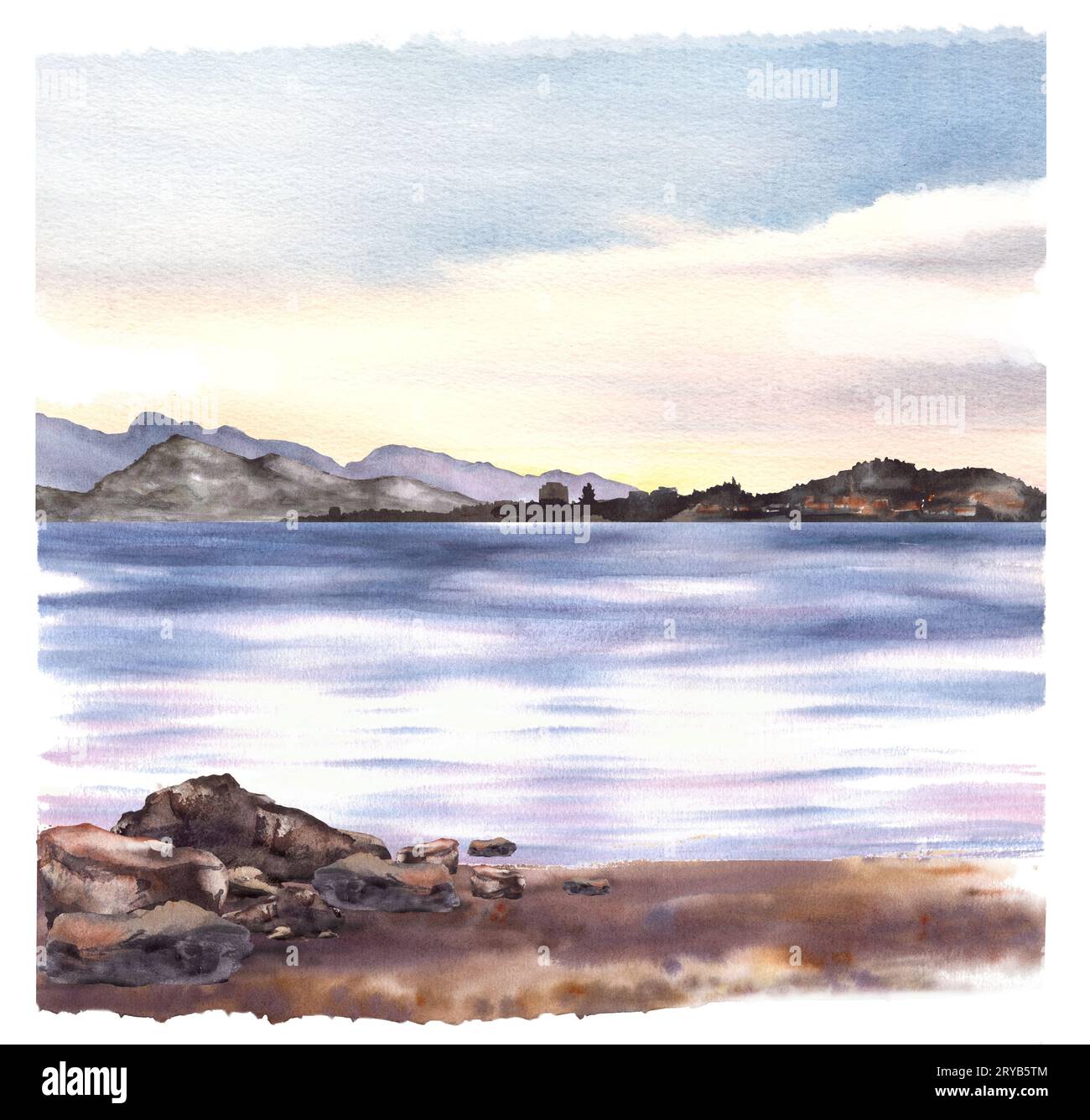 Nautical watercolor landscape. Adriatic seascape with sunset, mountain ...