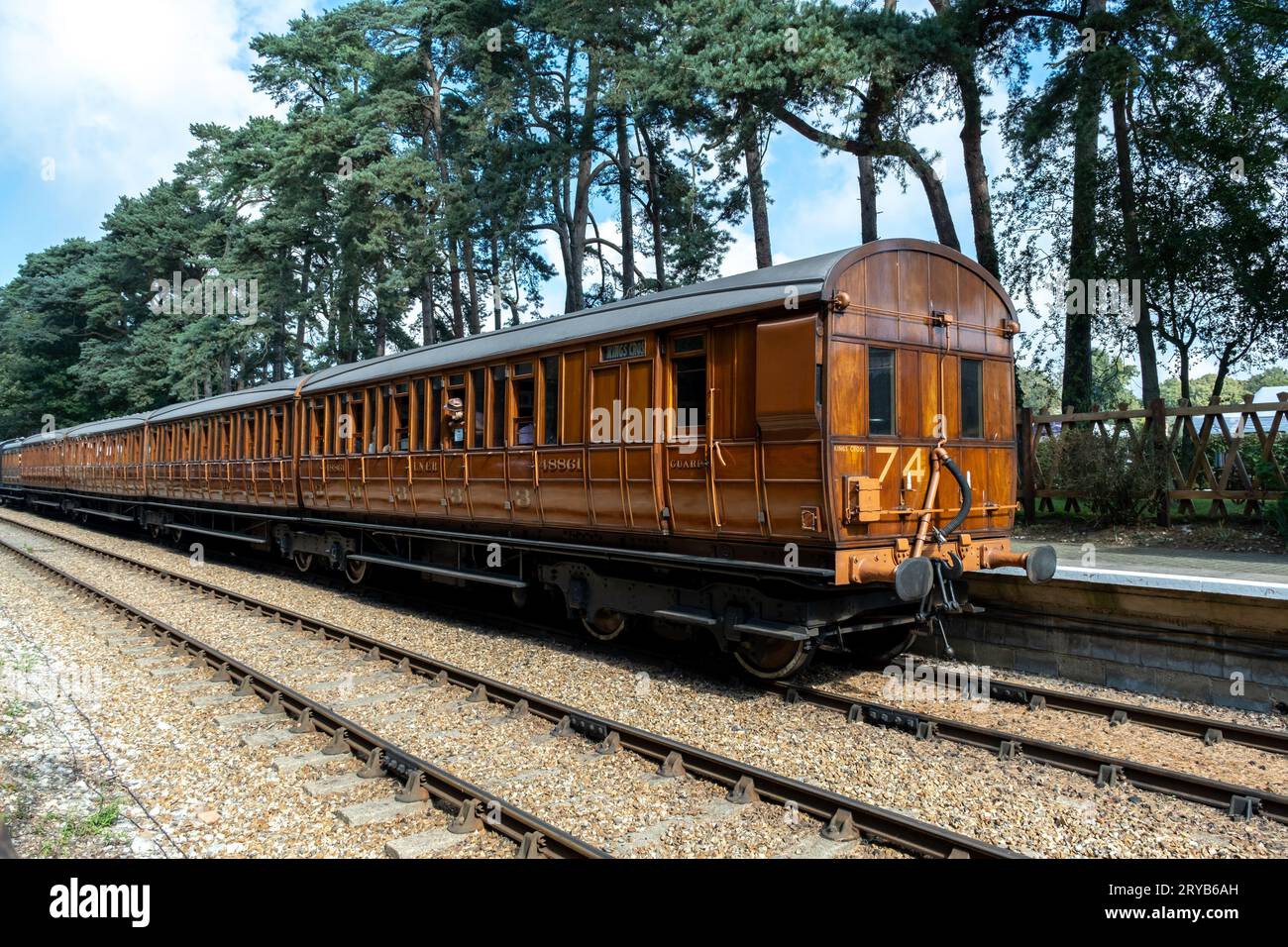 Holt, Norfolk, UK – September 16 2023. Vintage wooden railway carriage ...