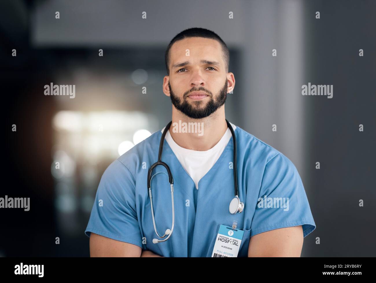 Serious, nurse and portrait of man in hospital for healthcare, wellness ...
