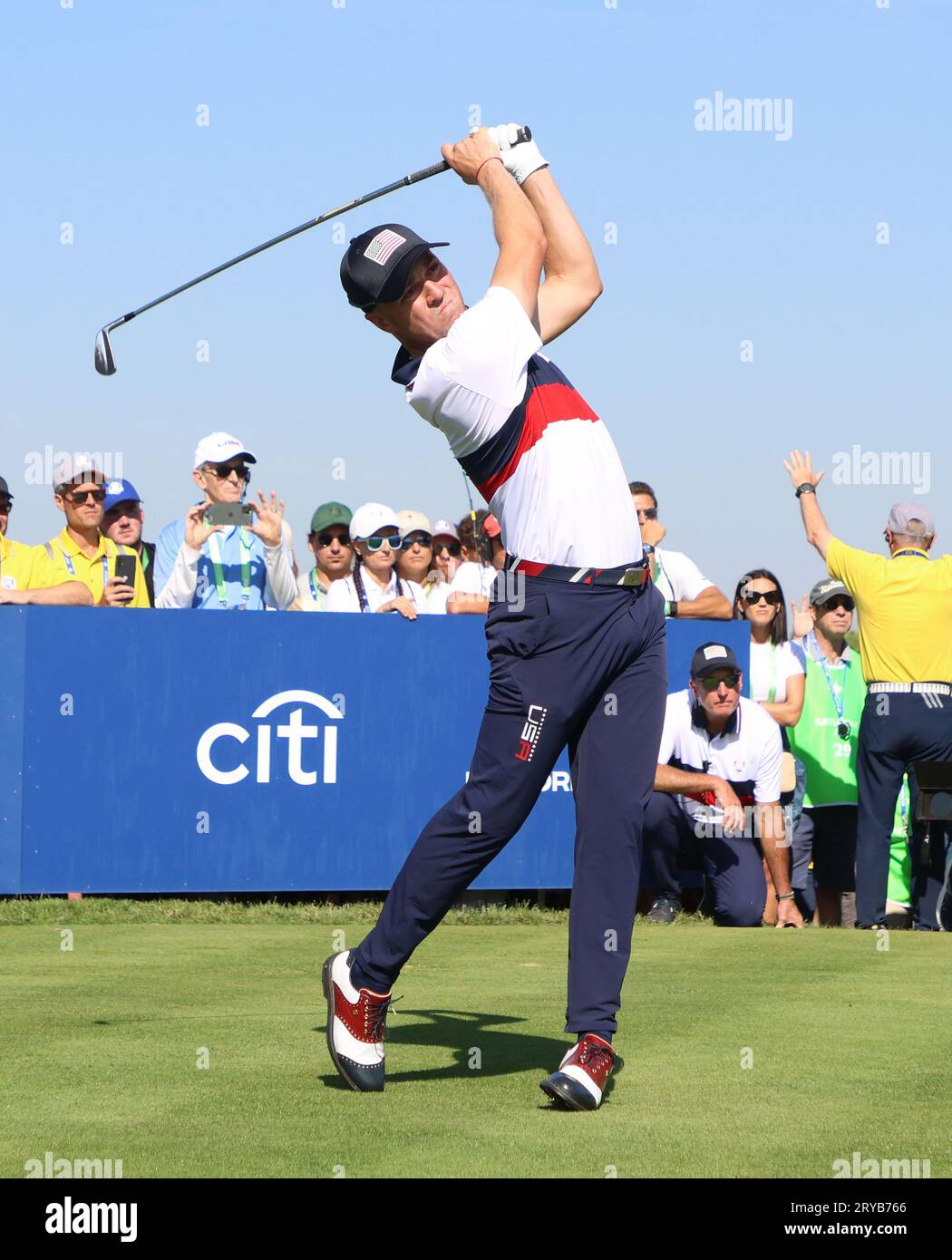 Rome, Italy. 30th Sep, 2023. Team USA's Justin Thomas drives on the ...