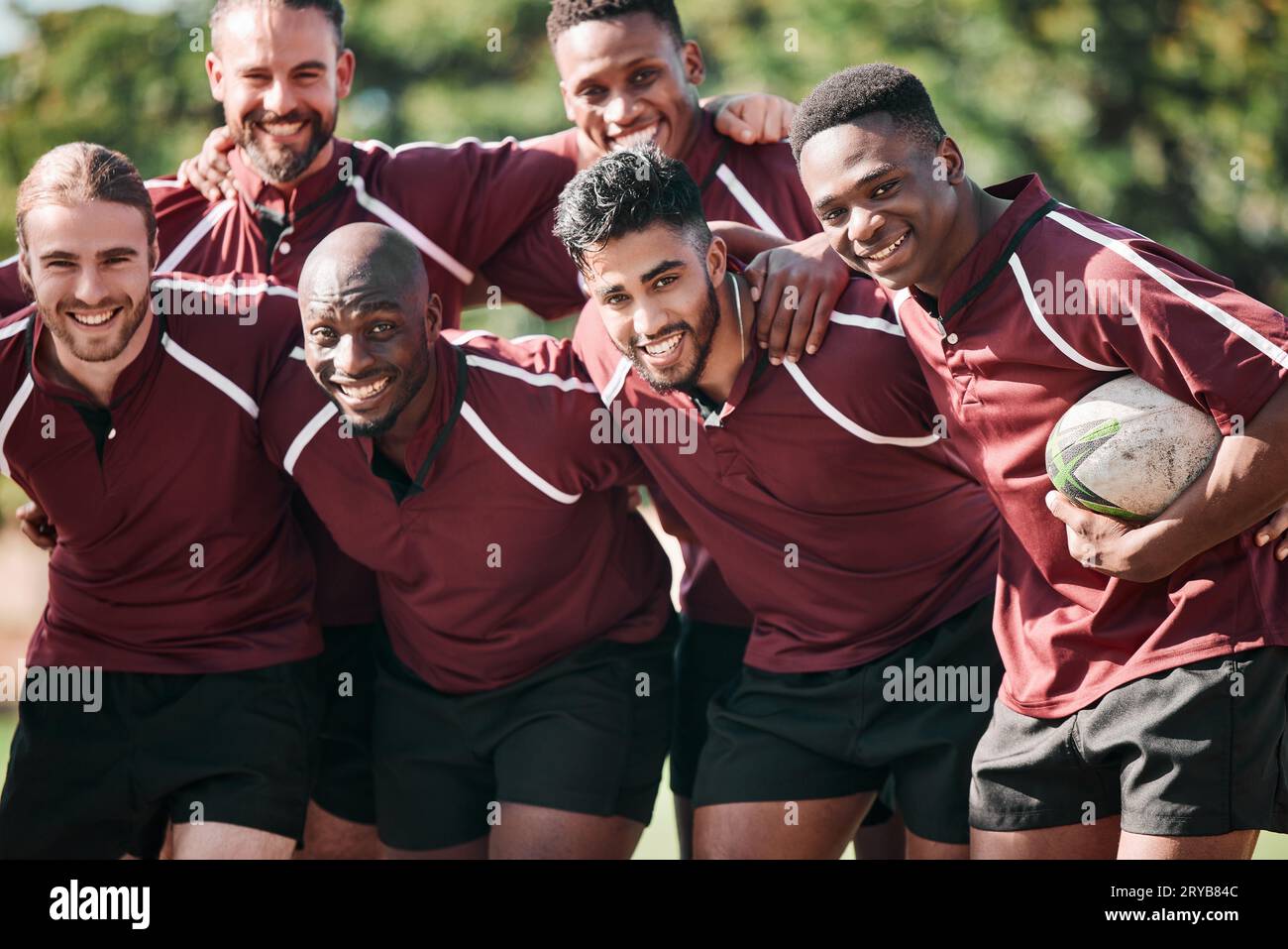 Portrait, men and rugby with smile while standing, together and ...