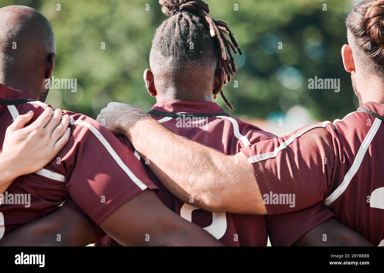 Rugby team, back and men huddle for support, collaboration or ...