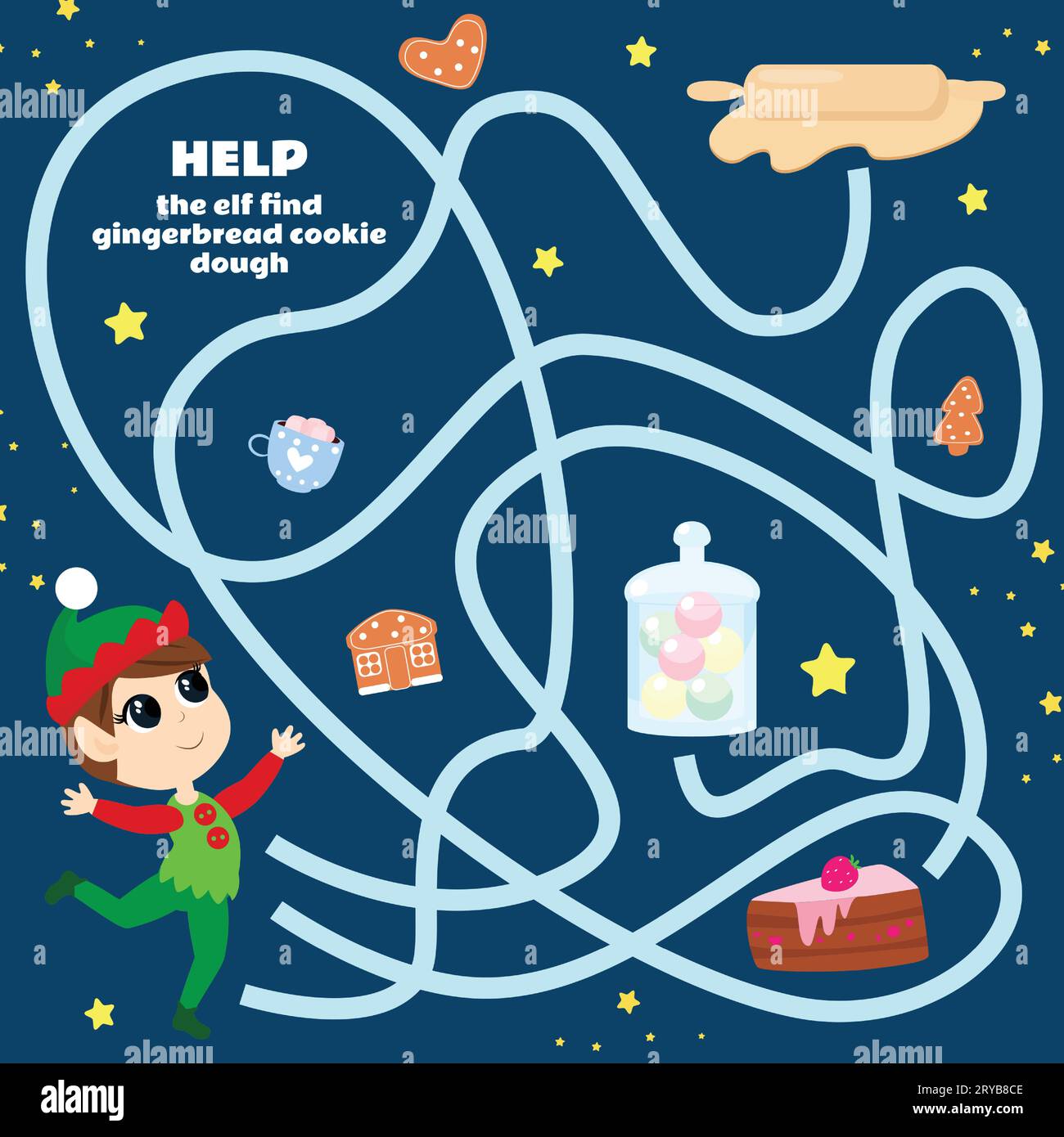 Maze game for kids Help the elf find the gingerbread cookie dough ...