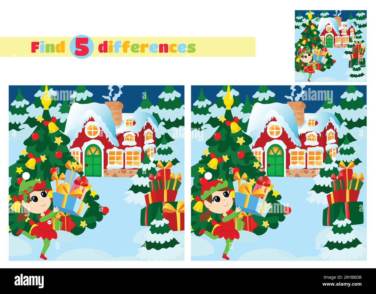 Find the differences. Elf girl running with gifts outside near the ...