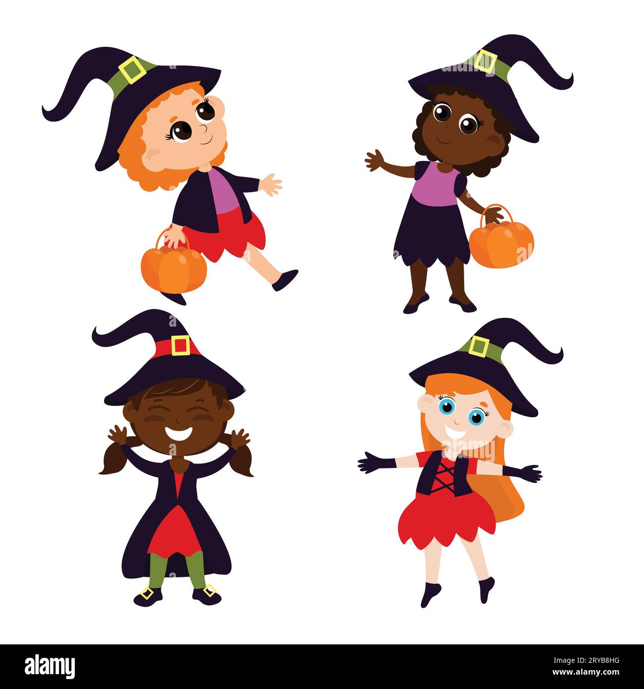 Cute witches with red hair in a costume with a basket in their hands ...