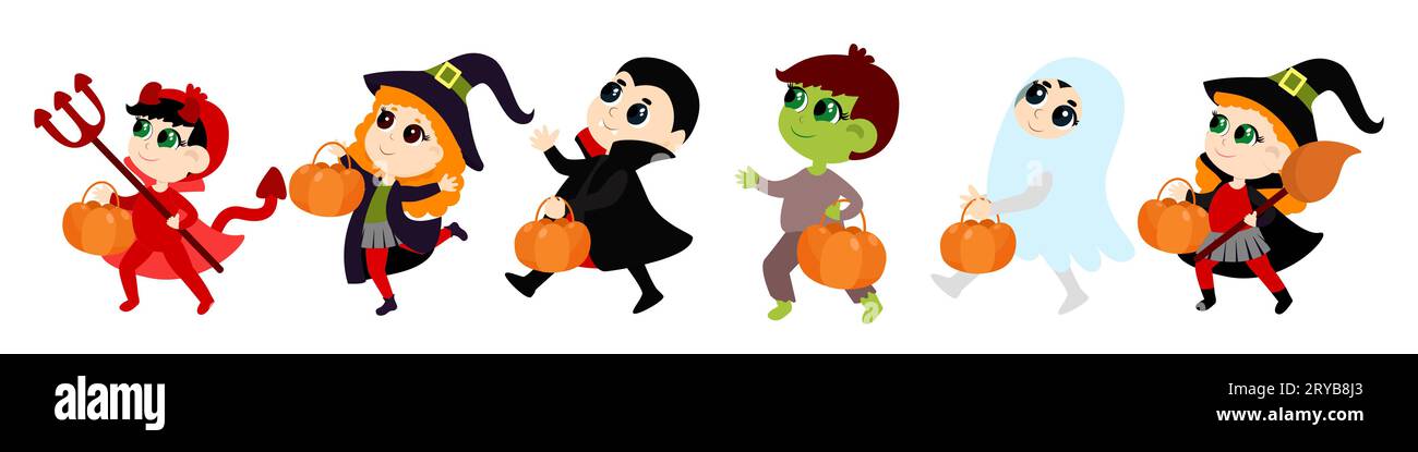 Set of little cute kids in devil costume, zombie, witch, vampire and ...