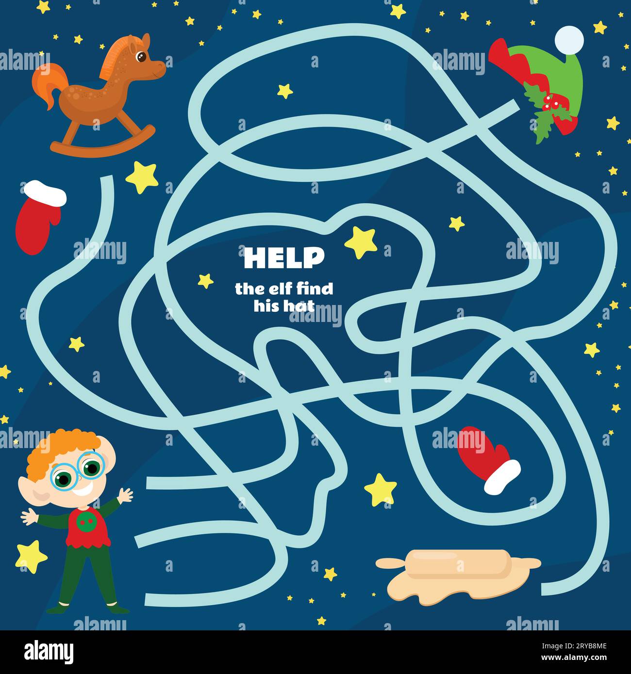 Christmas maze game for children. Help the elf find his hat. Vertical ...