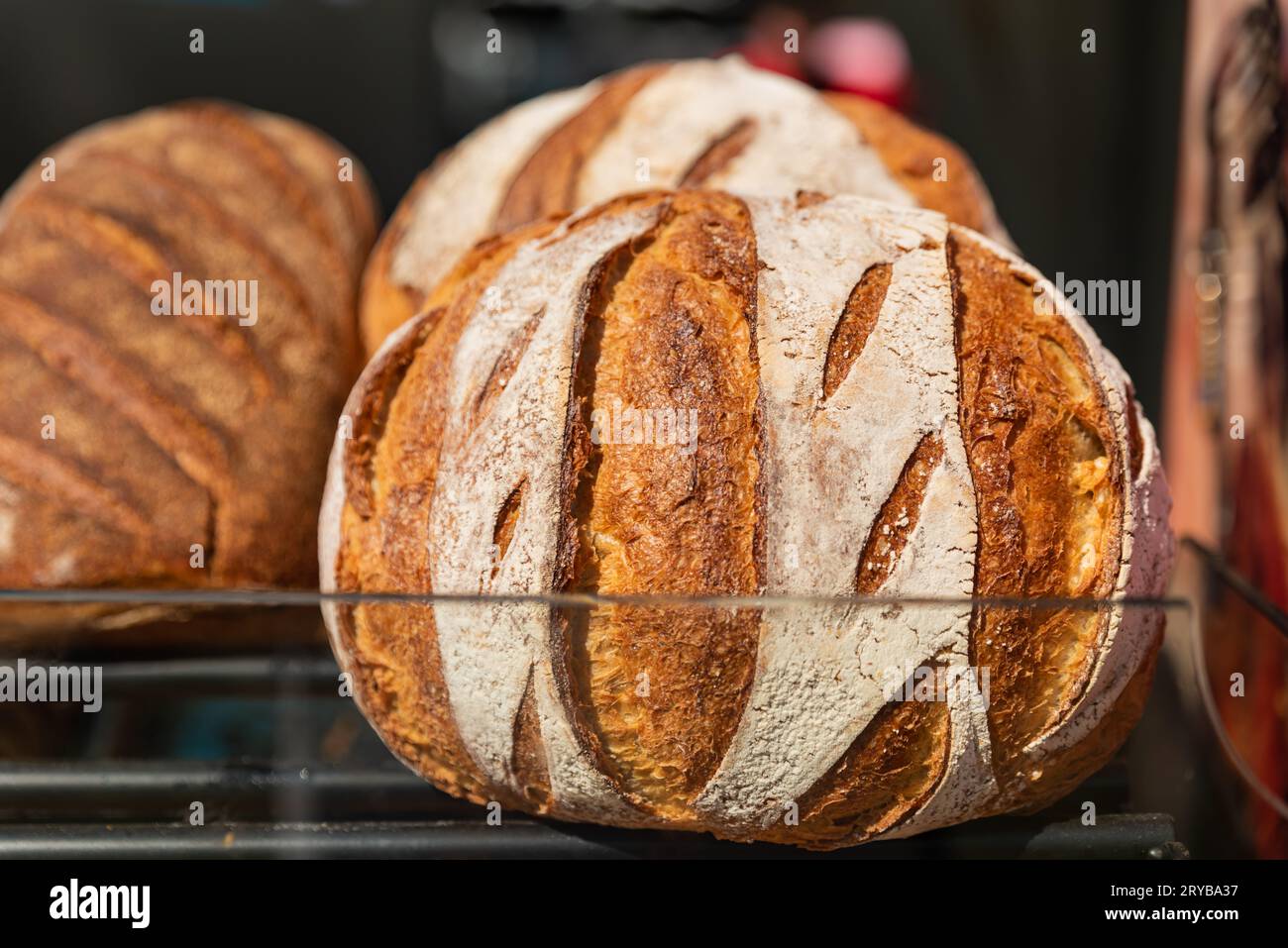 Sourdough bread with crispy crust on wooden shelf. Bakery goods , Different kinds of fresh bread ...