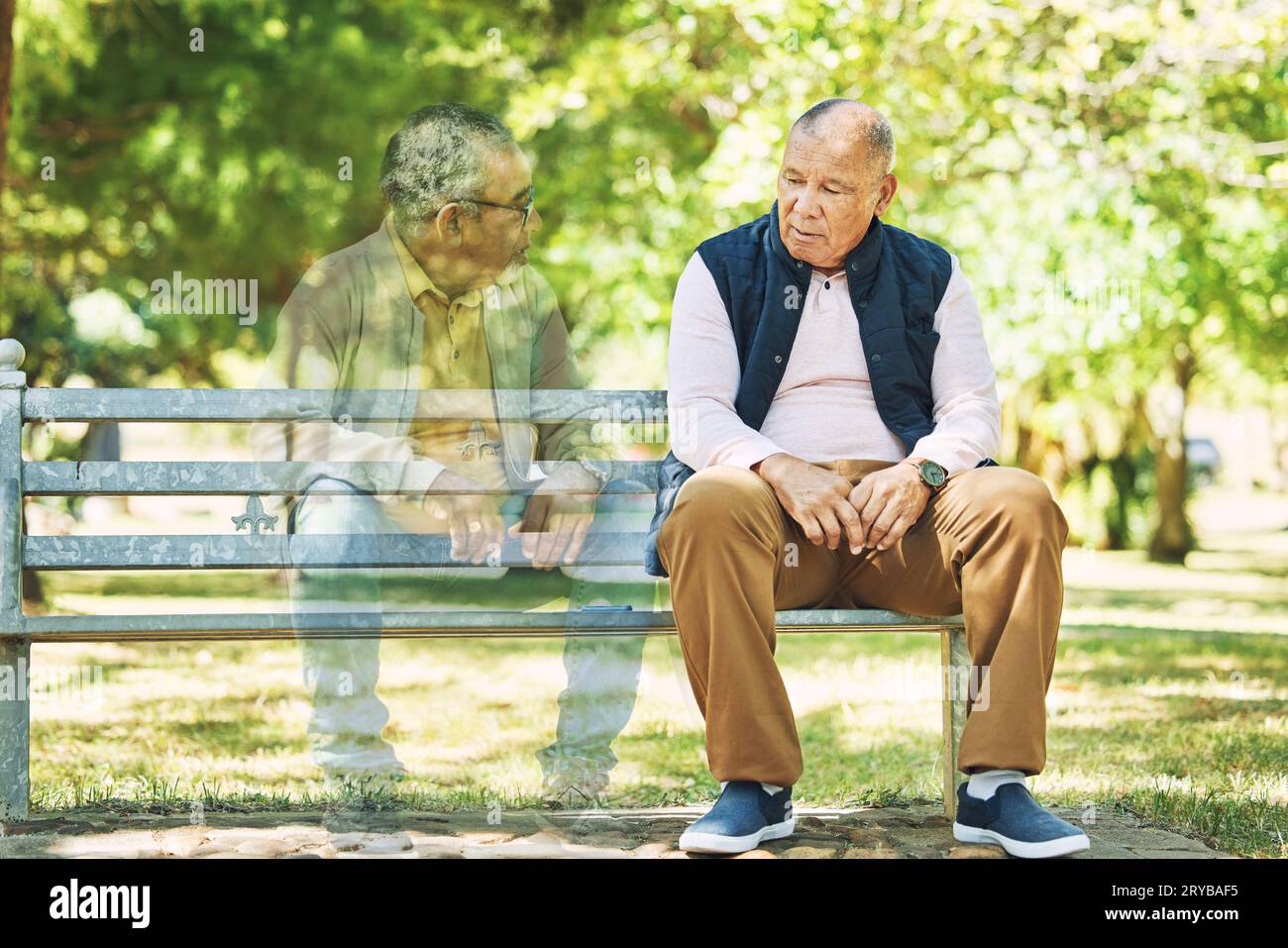 Depression, death and old man in a park with ghost of a friend, brother ...