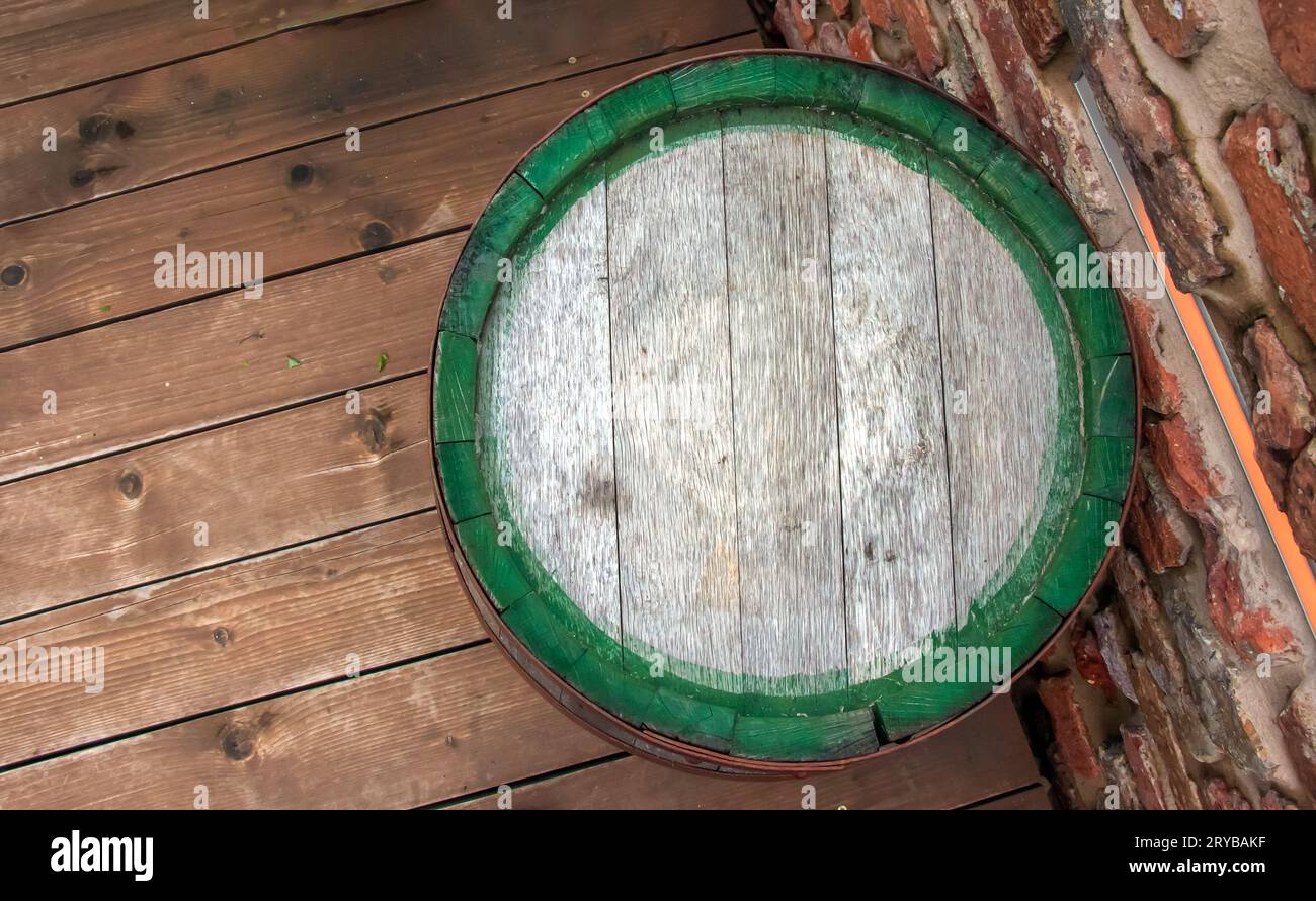 Traditional wooden barrel on street outdoors. Wine making Stock Photo ...