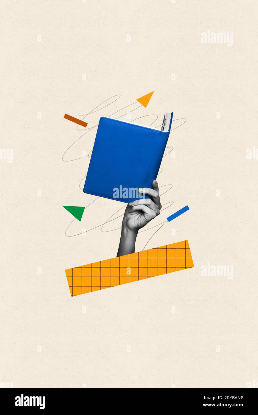 Collage sketch painted picture of human arm hold book encyclopedia ...