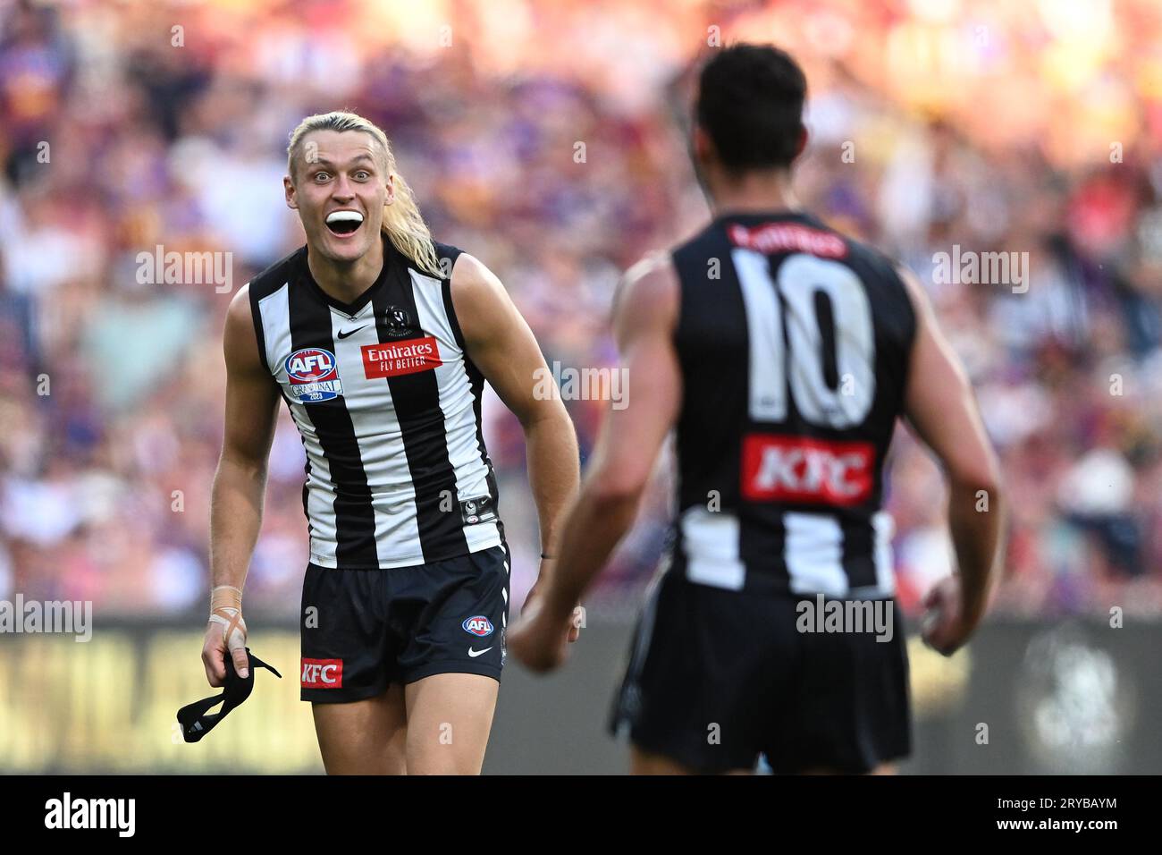 Darcy Moore of Collingwood celebrates defeating the Brisbane Lions in ...