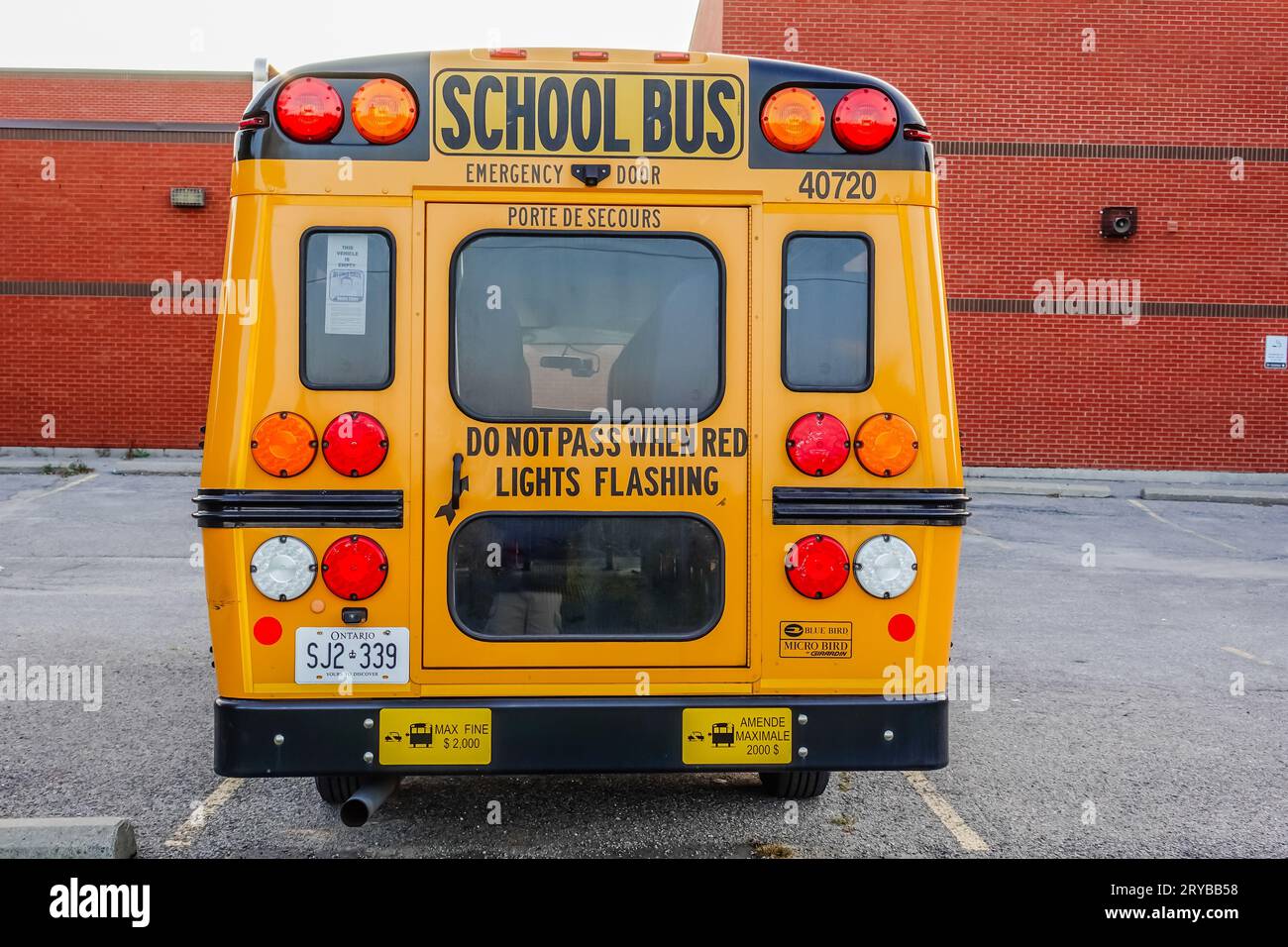 yellow school bus parked at a school parking lot Stock Photo - Alamy