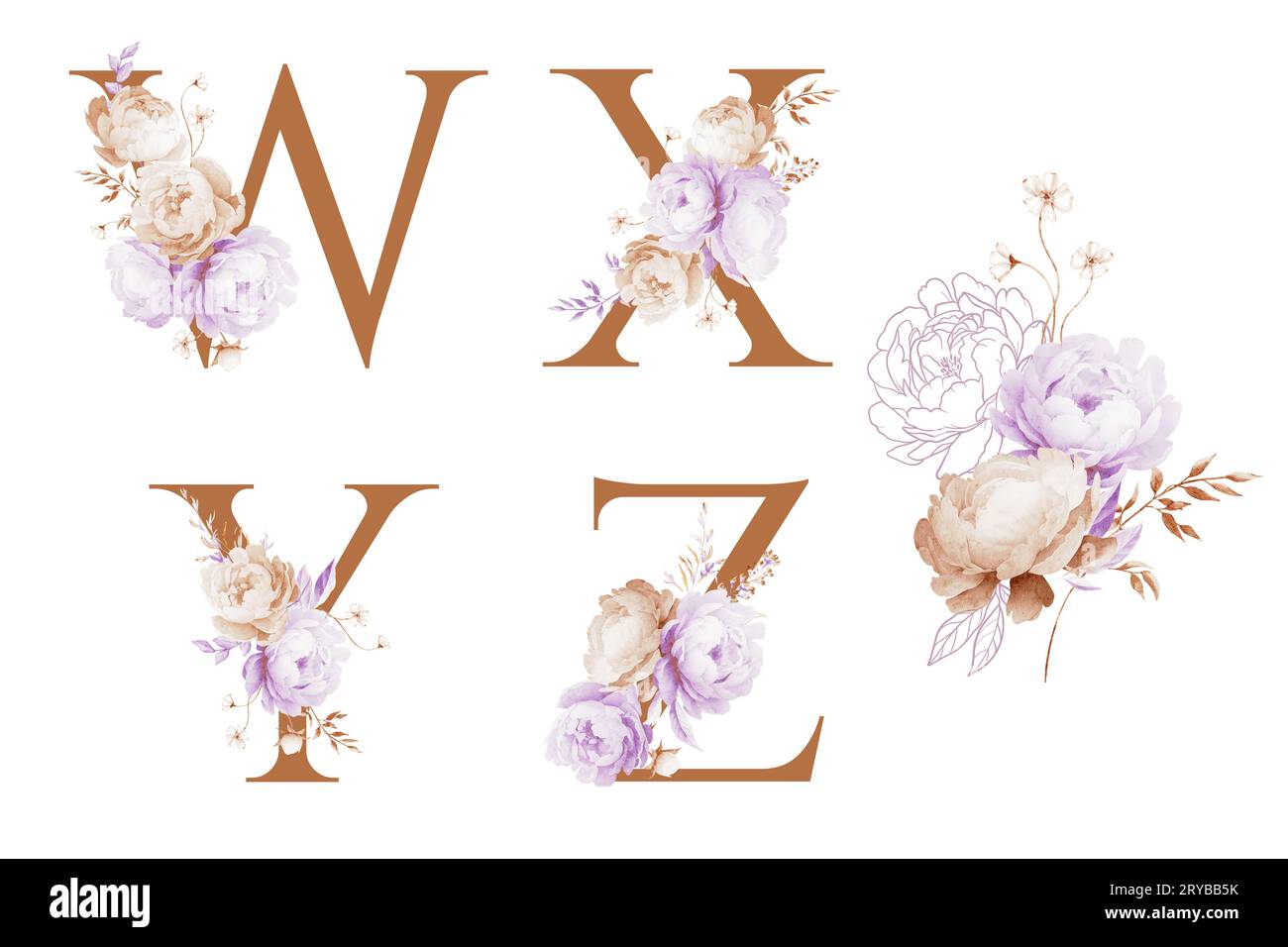 Floral Alphabet. Set letters & botanical bouquet with beige and violet ...