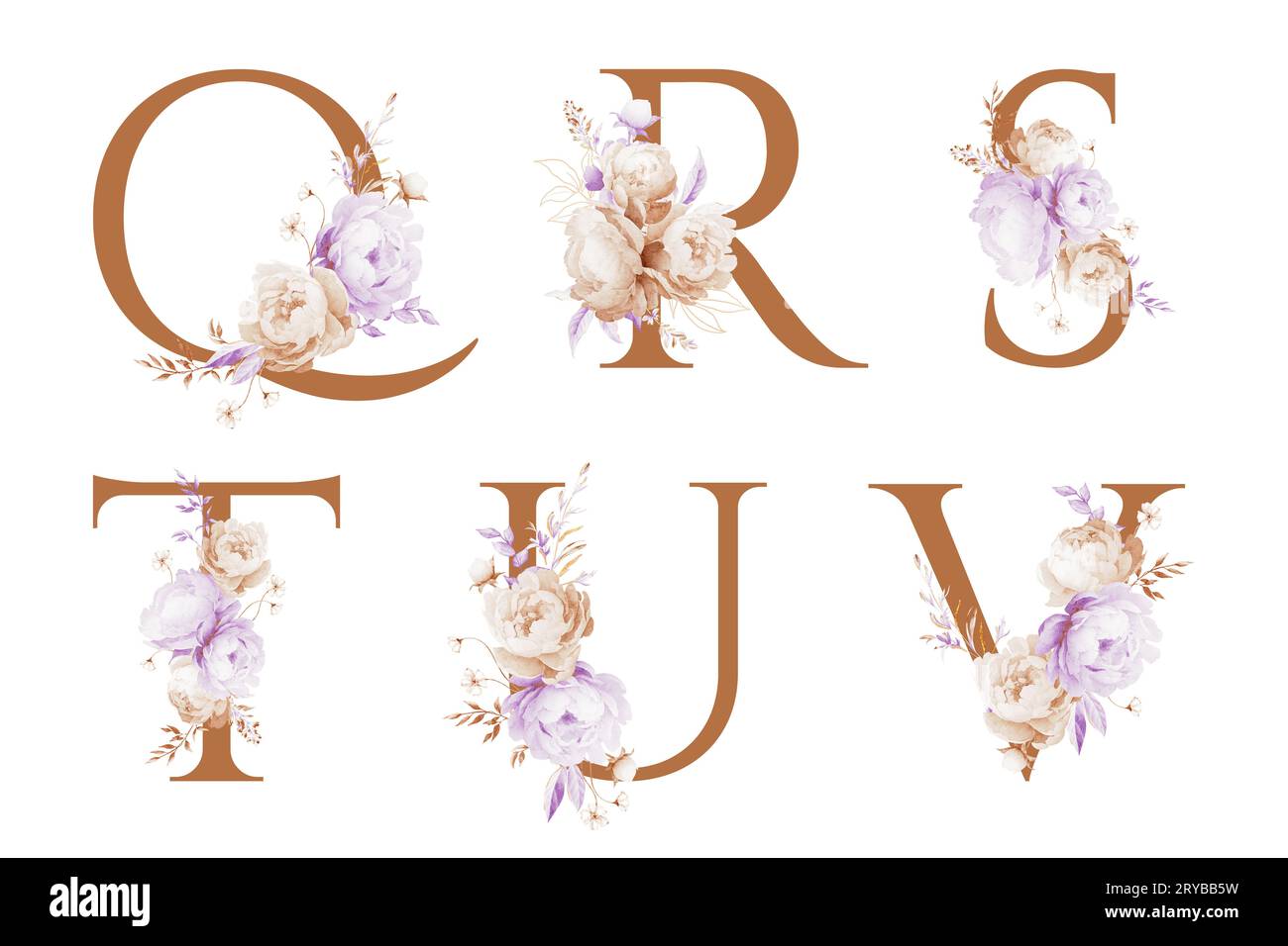 Floral Alphabet. Set brown letters with beige and violet peonies ...