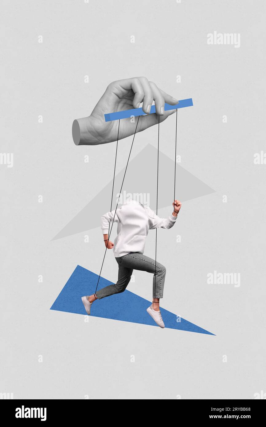 Collage image of human big arm hold faceless weird person running ...