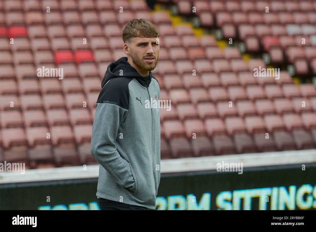 Daniel Grimshaw #32 of Blackpool arrives ahead of the Sky Bet League 1 ...