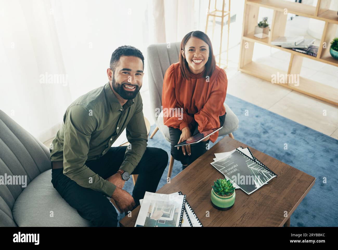 Smile, team and portrait for collaboration in office, feedback on ...