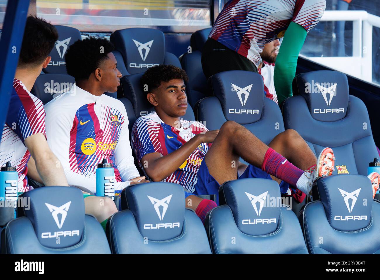 Barcelona, Spain. 23th Sep, 2023. Lamine Yamal sits on the bench during ...