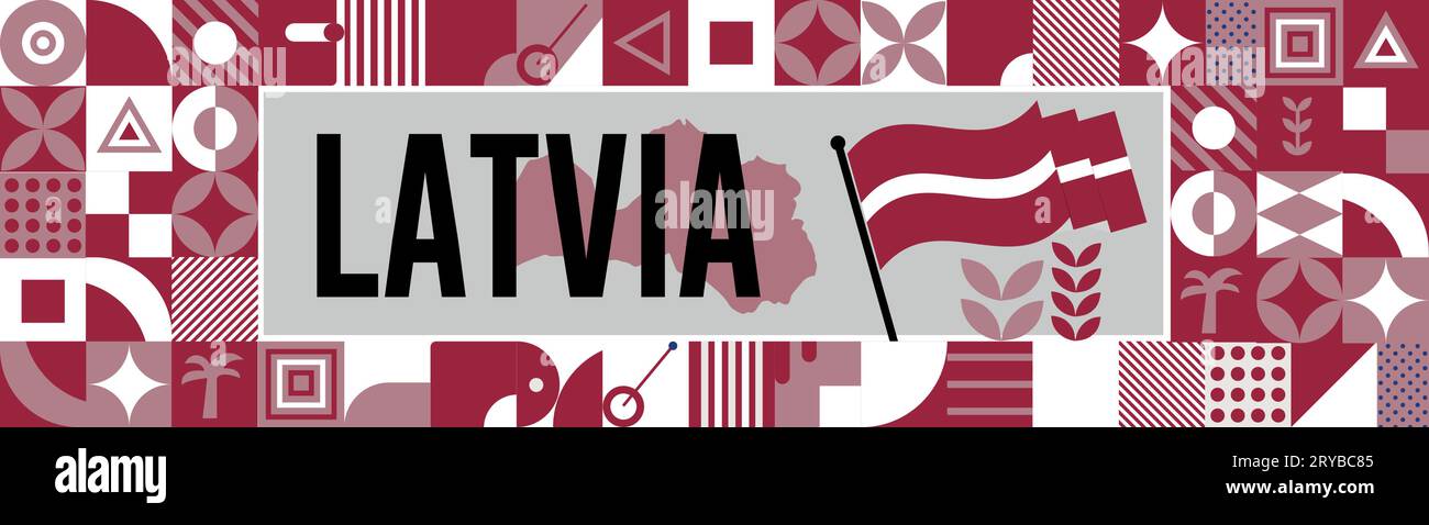 Latvia national day banner with map, flag colors theme background and geometric abstract retro ...