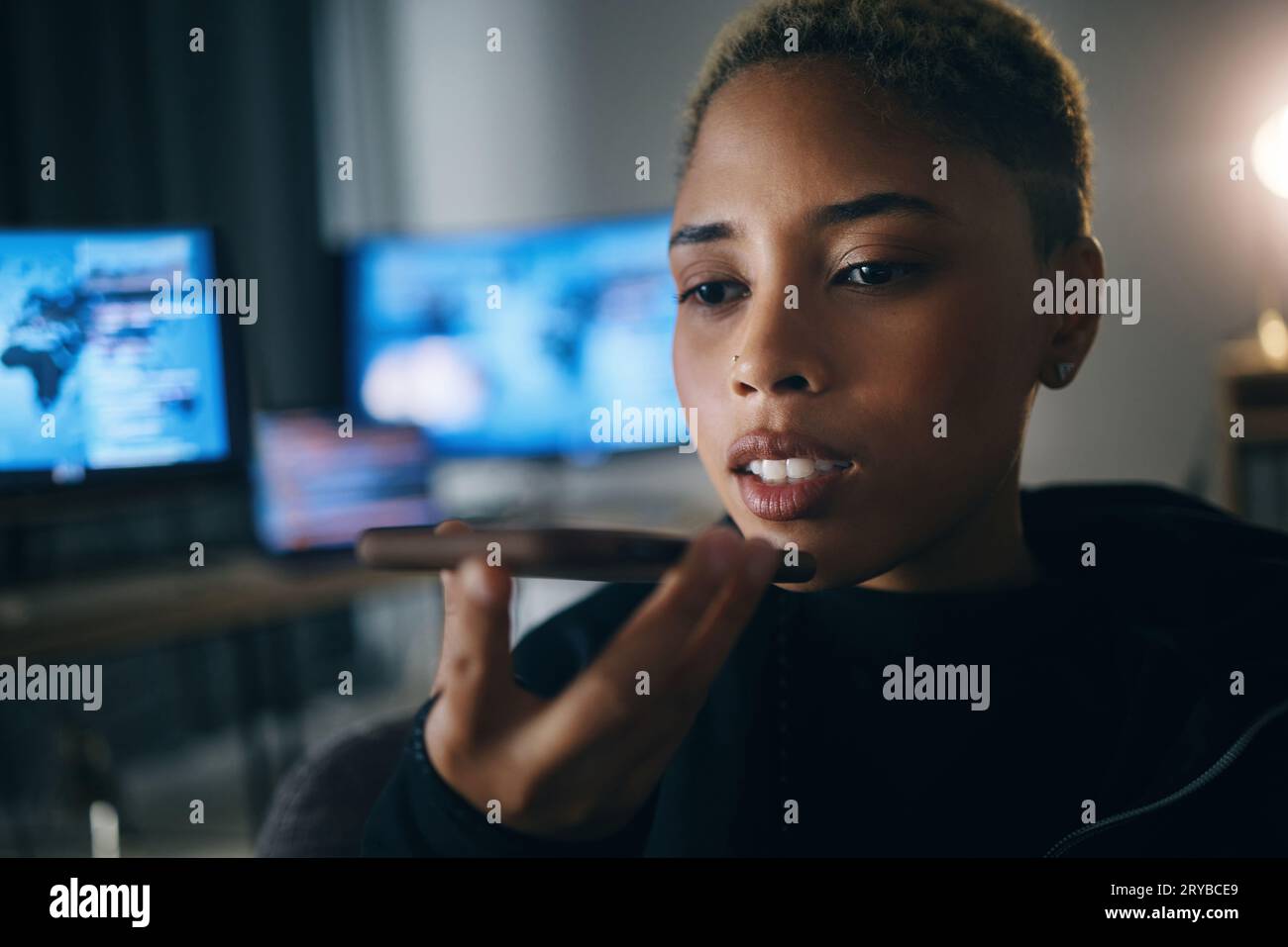 Hacker woman, phone call and night for coding, idea or deal for ...