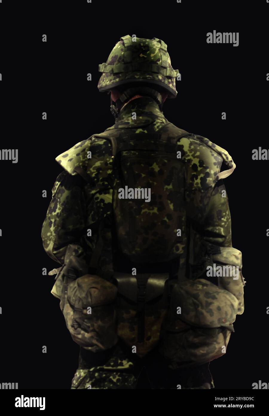 Soldier, man and army warrior in war, back view with conflict and ...