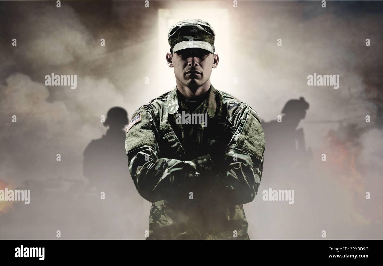 Man, soldier or hero in war with smoke in explosion, team or shadows in ...