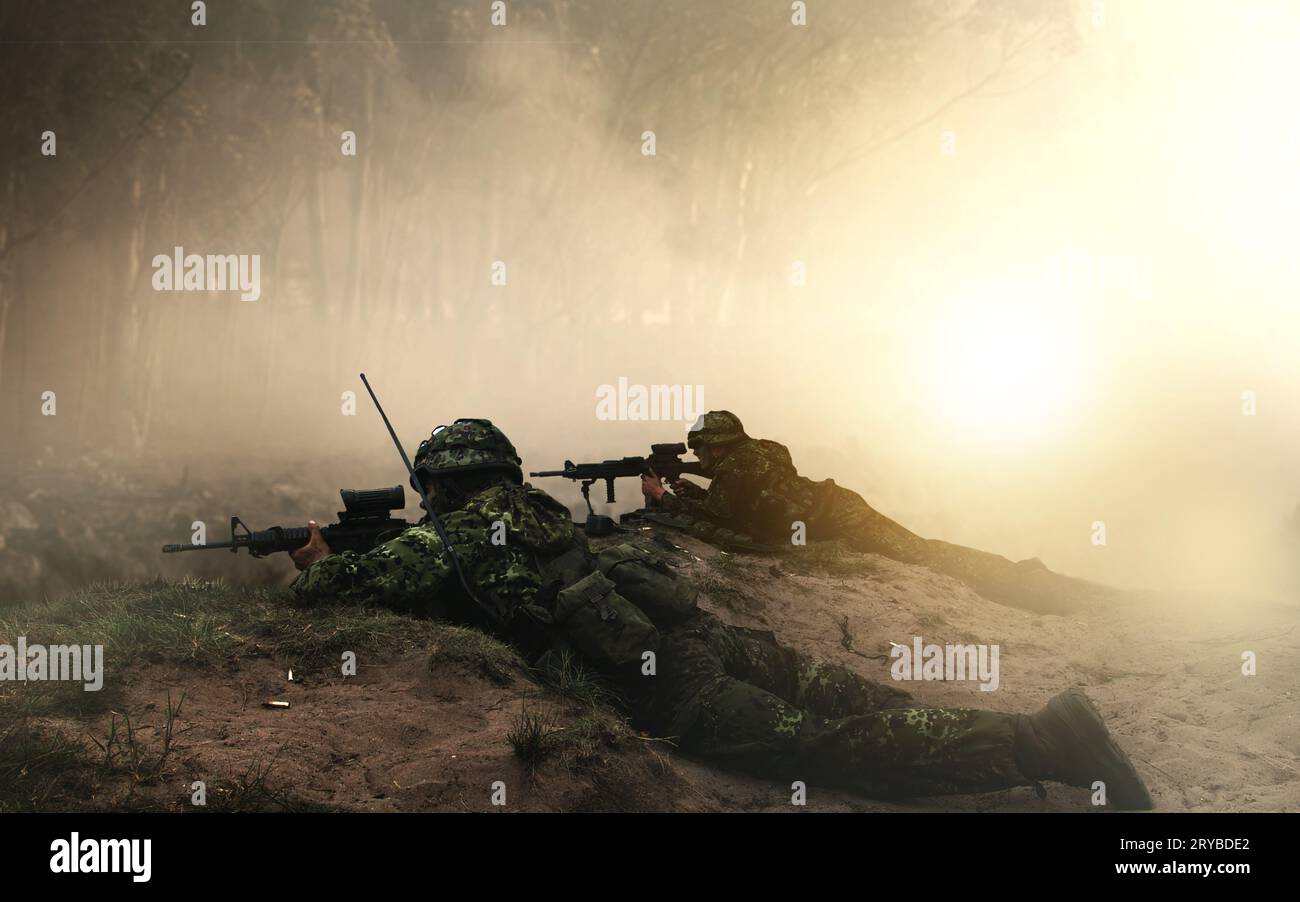 Military, war and soldier by smoke on ground, battlefield or fight in ...