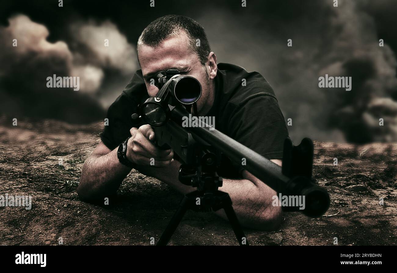 Man, soldier or sniper in position for war, battlefield and enemy in ...
