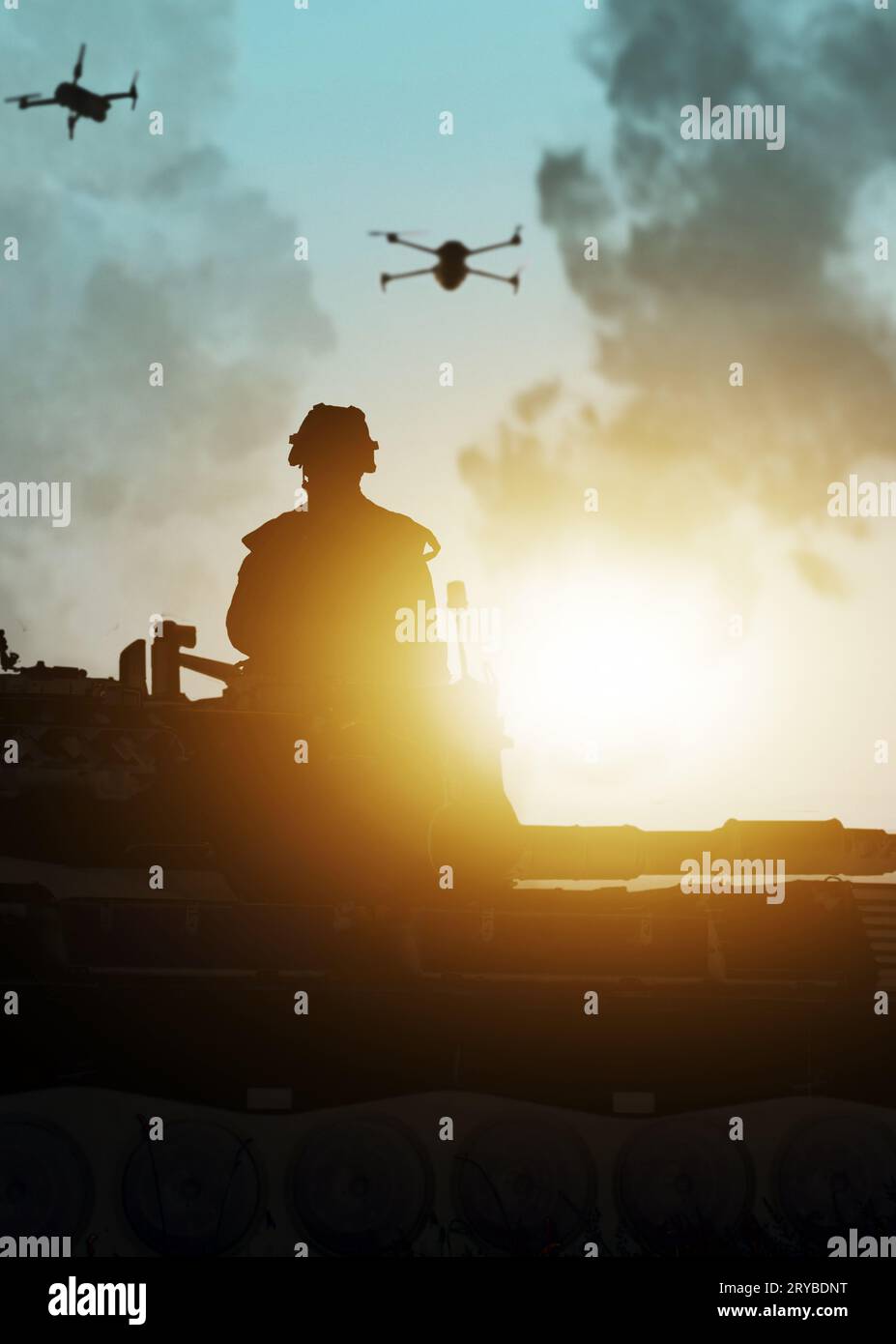 War, smoke and sunrise, soldier silhouette on battlefield with conflict ...