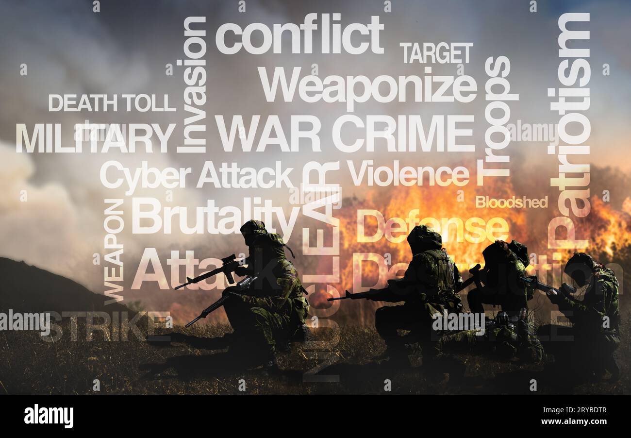 Army, gun and word overlay in explosion, defense and battle in war ...