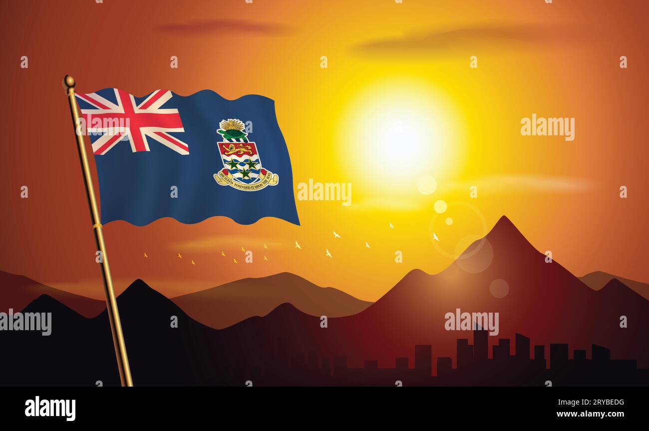 Cayman Islands flag with sunset background of mountains and lakes Stock ...
