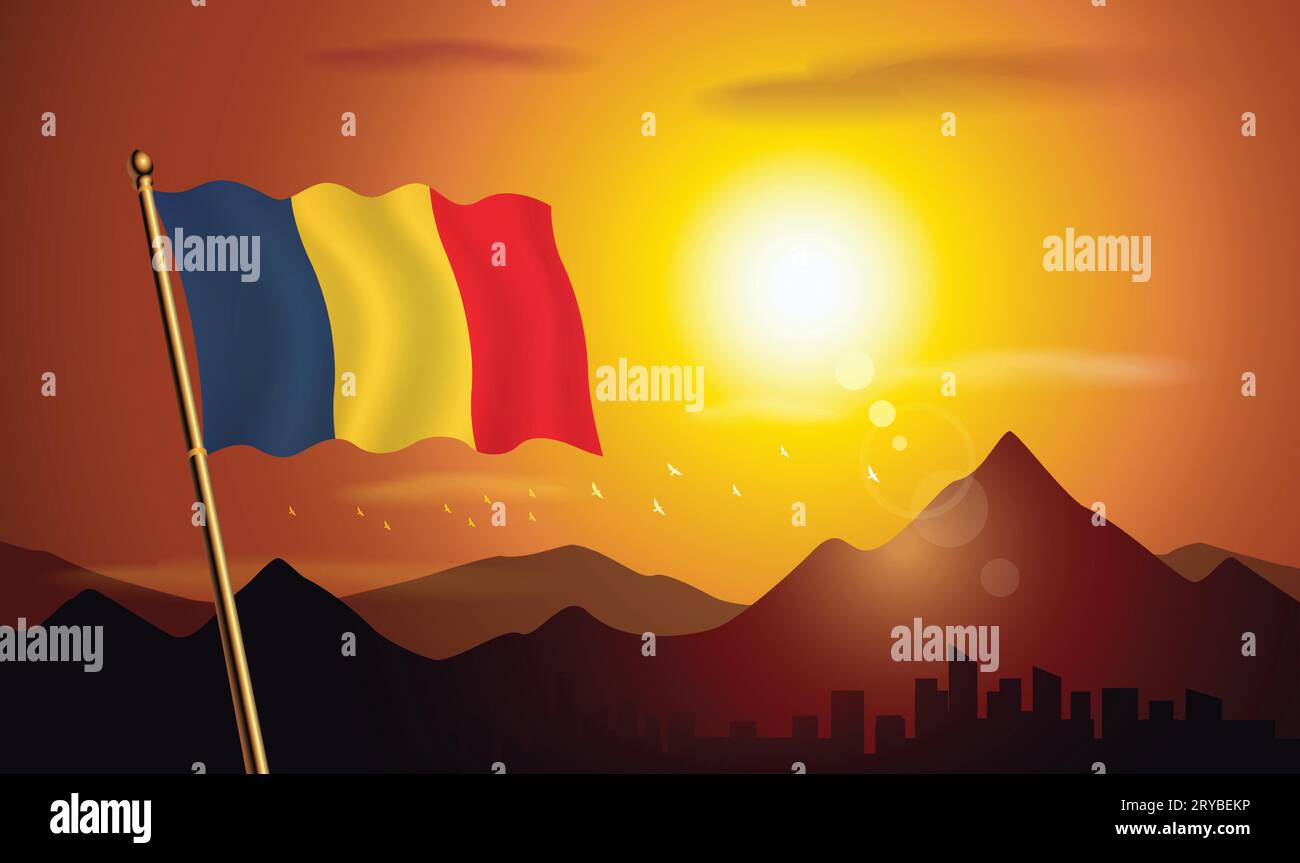 Chad flag with sunset background of mountains and lakes Stock Vector ...