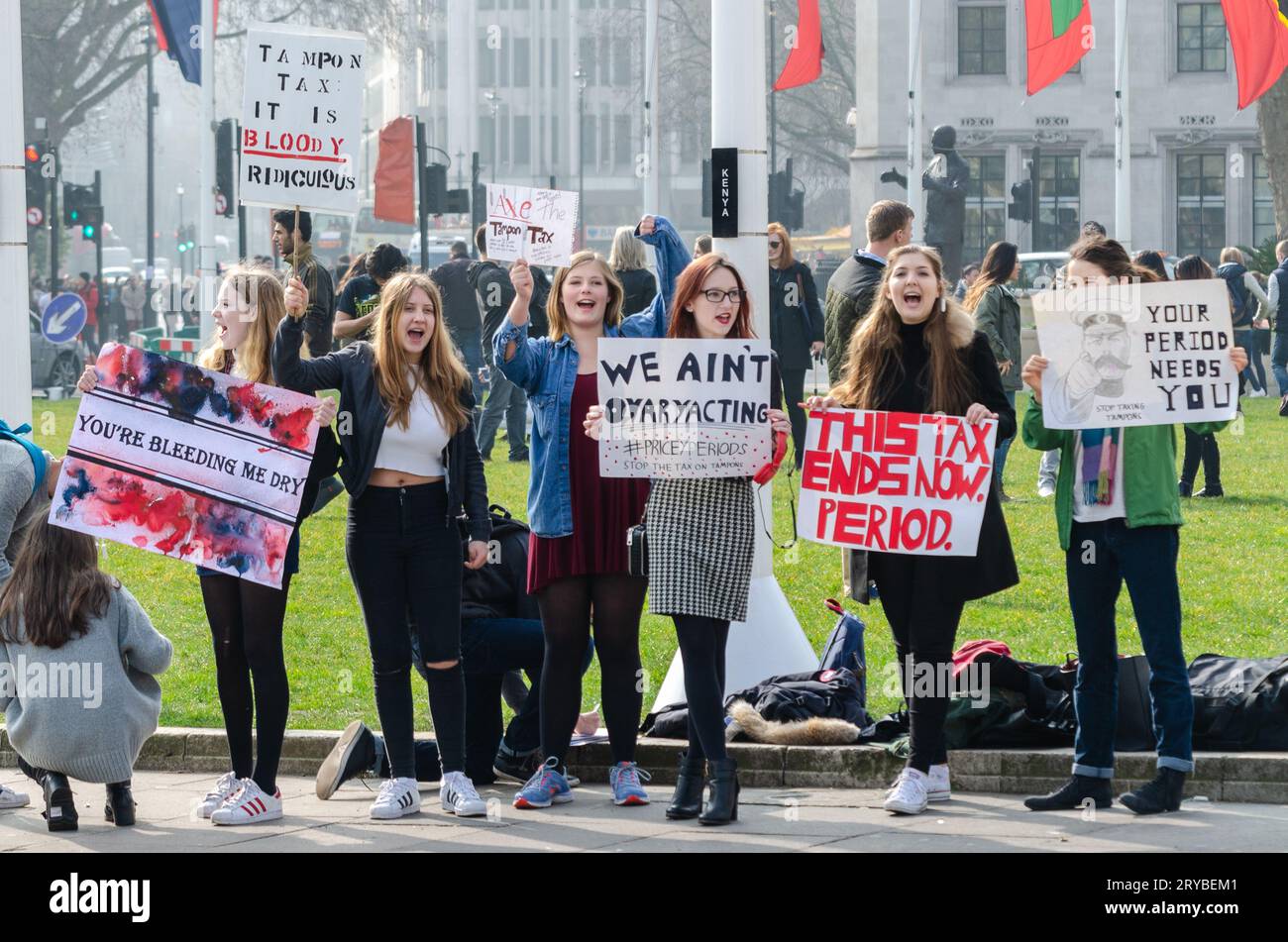 Tampon tax protest. Girls outside the Houses of Parliament demonstrated ...